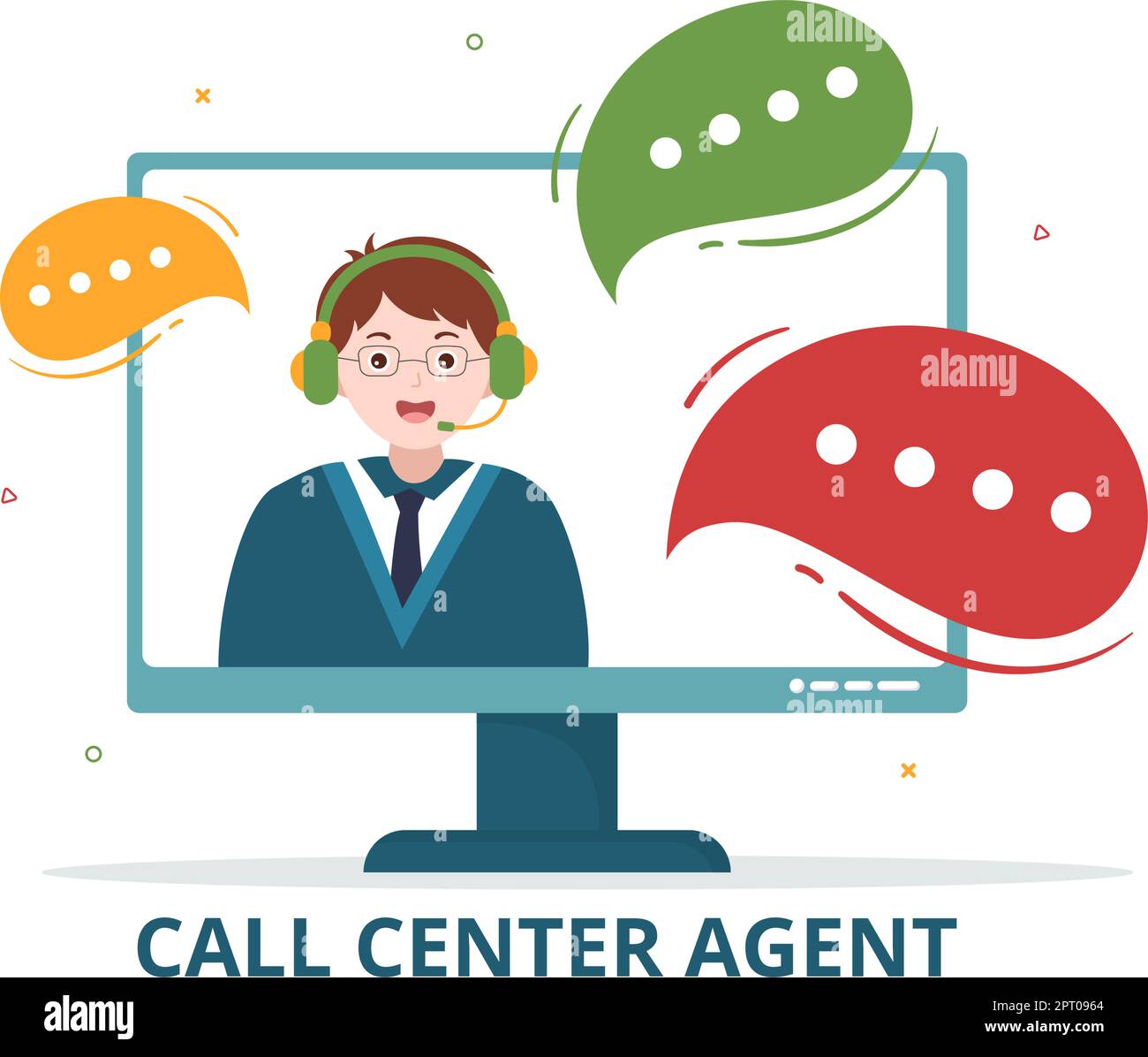 Call Center Agent of Customer Service or Hotline Operator with Headsets and Computers in Flat ...