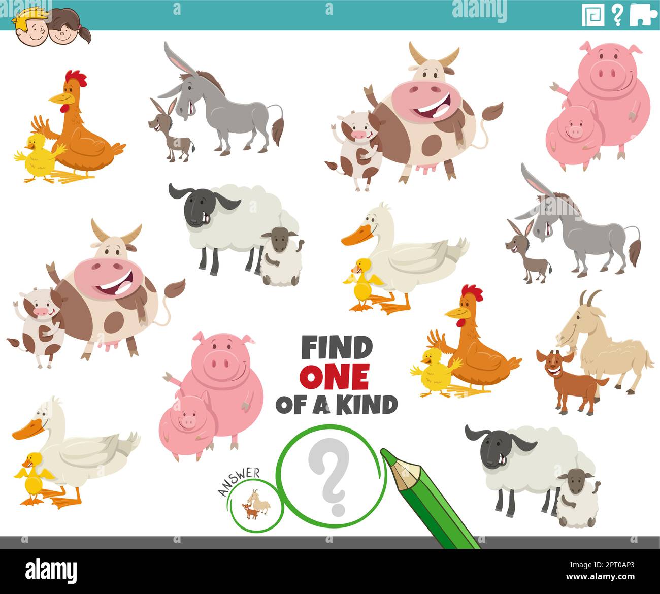 one of a kind game with cartoon farm animals and their babies Stock ...