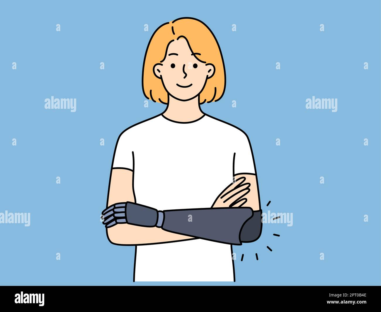 Portrait of smiling woman with hand prosthesis feeling optimistic and ...