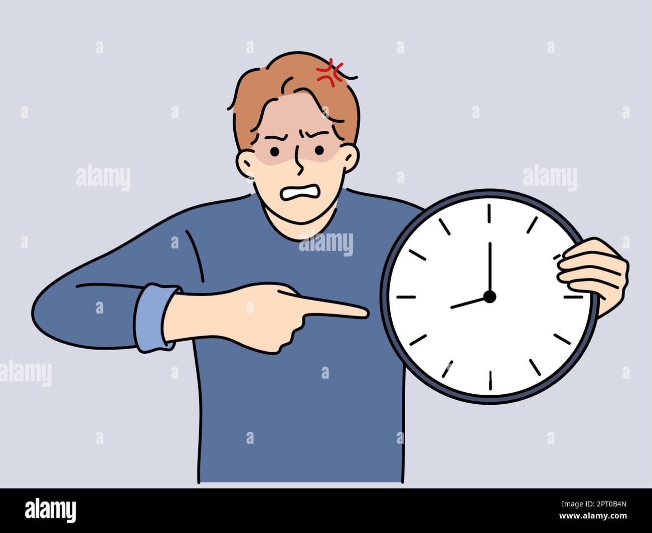 Furious man point at clock stressed with missed deadline. Mad male show ...