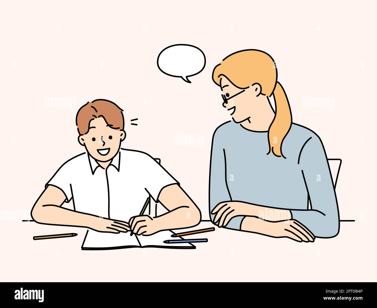 Smiling mother doing homework with happy child at desk at home ...