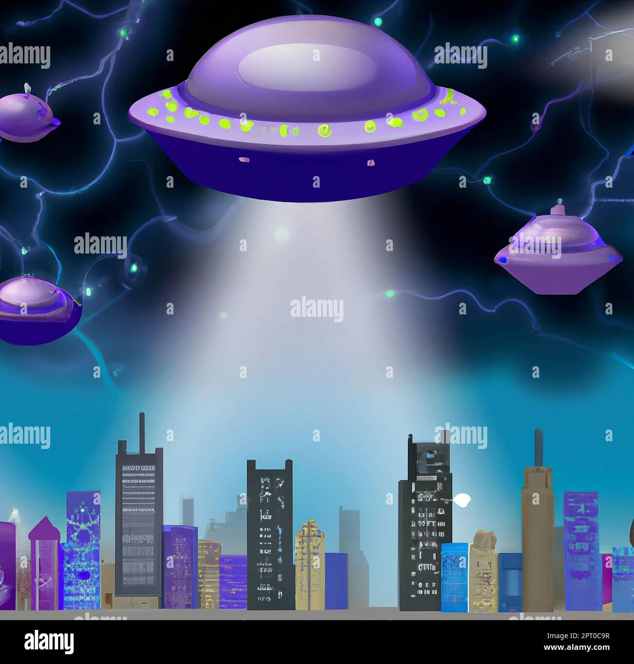 Abstract painting depicting a futuristic city at night with skyscrapers ...