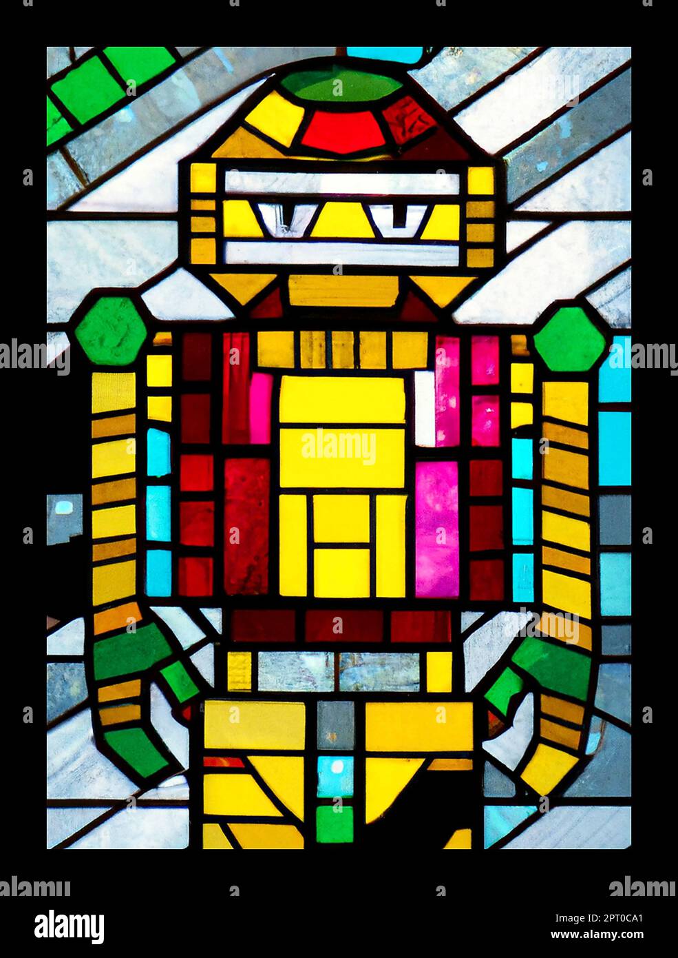 A multicolor stained glass window depicting a robot, abstract digital ...