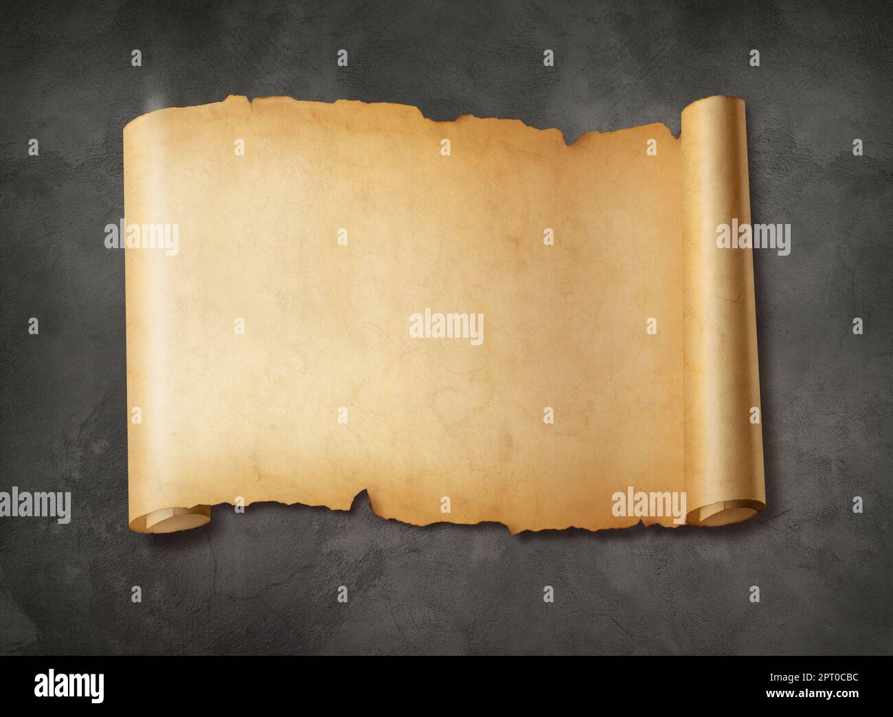 Old mediaeval paper sheet. Horizontal parchment scroll on a concrete ...