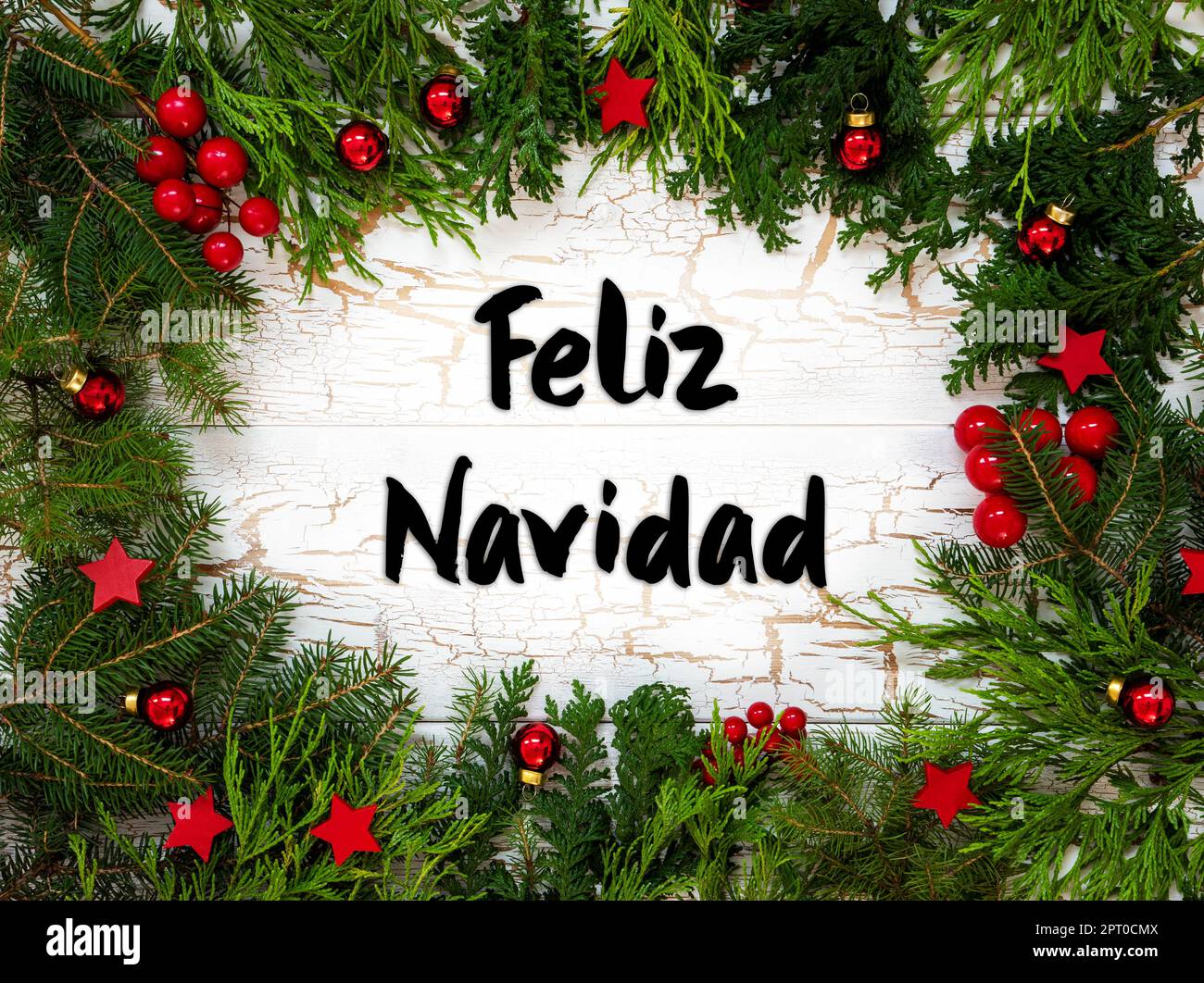 Christmas Card With Fir Branches And Spanish Text Feliz Navidad Means ...