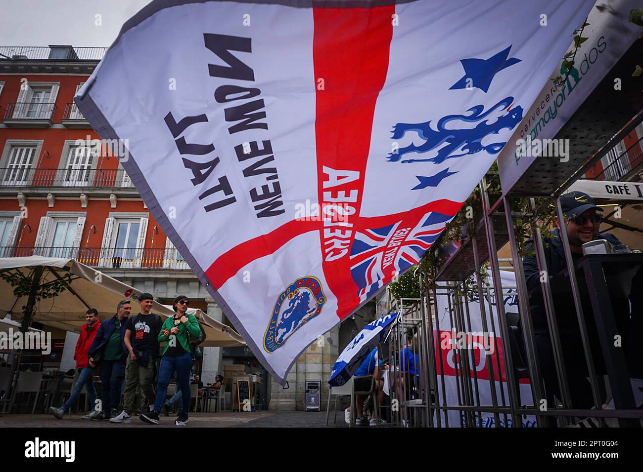 Madrid, Spain. 12th Apr, 2023. An English flag with the Chelsea shield ...