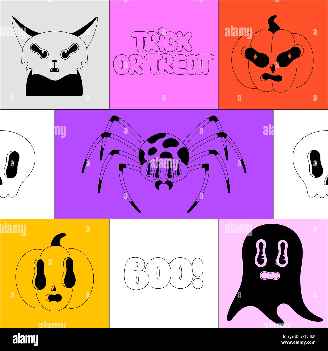 Halloween seamless pattern. Black spooky characters in bright frames ...