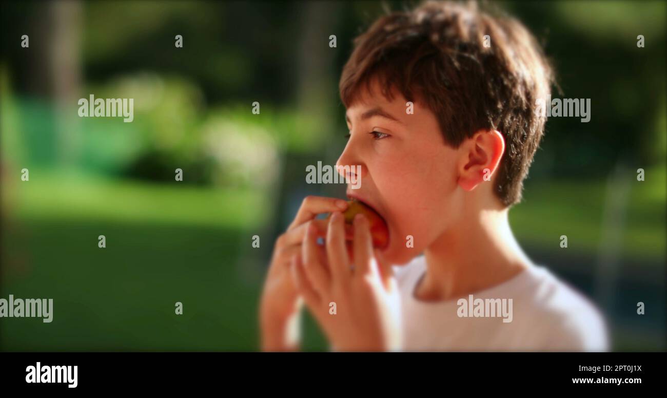 Young boy eating peach fruit outdoors. Candid child eats healthy snack ...