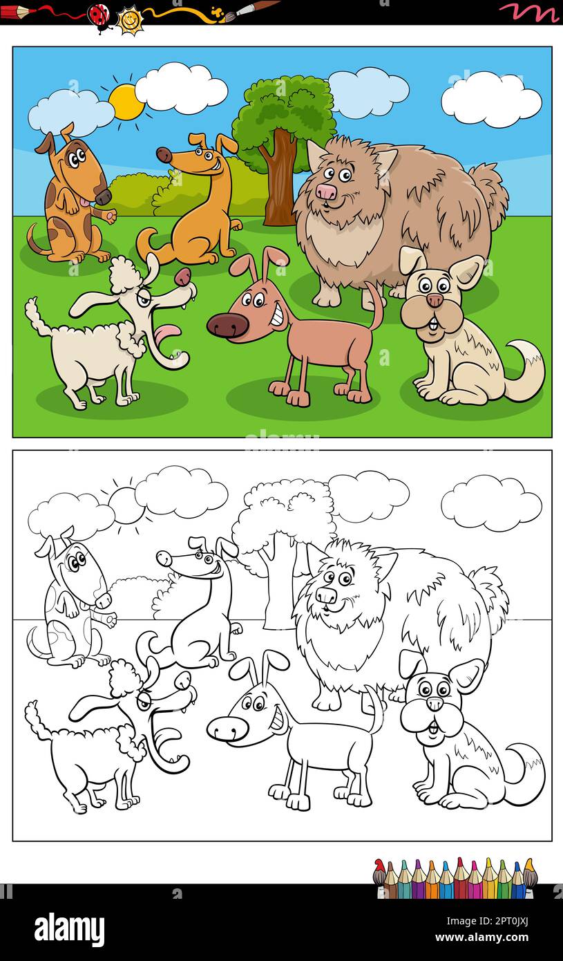 cartoon dogs animal characters in the park coloring page Stock Vector ...