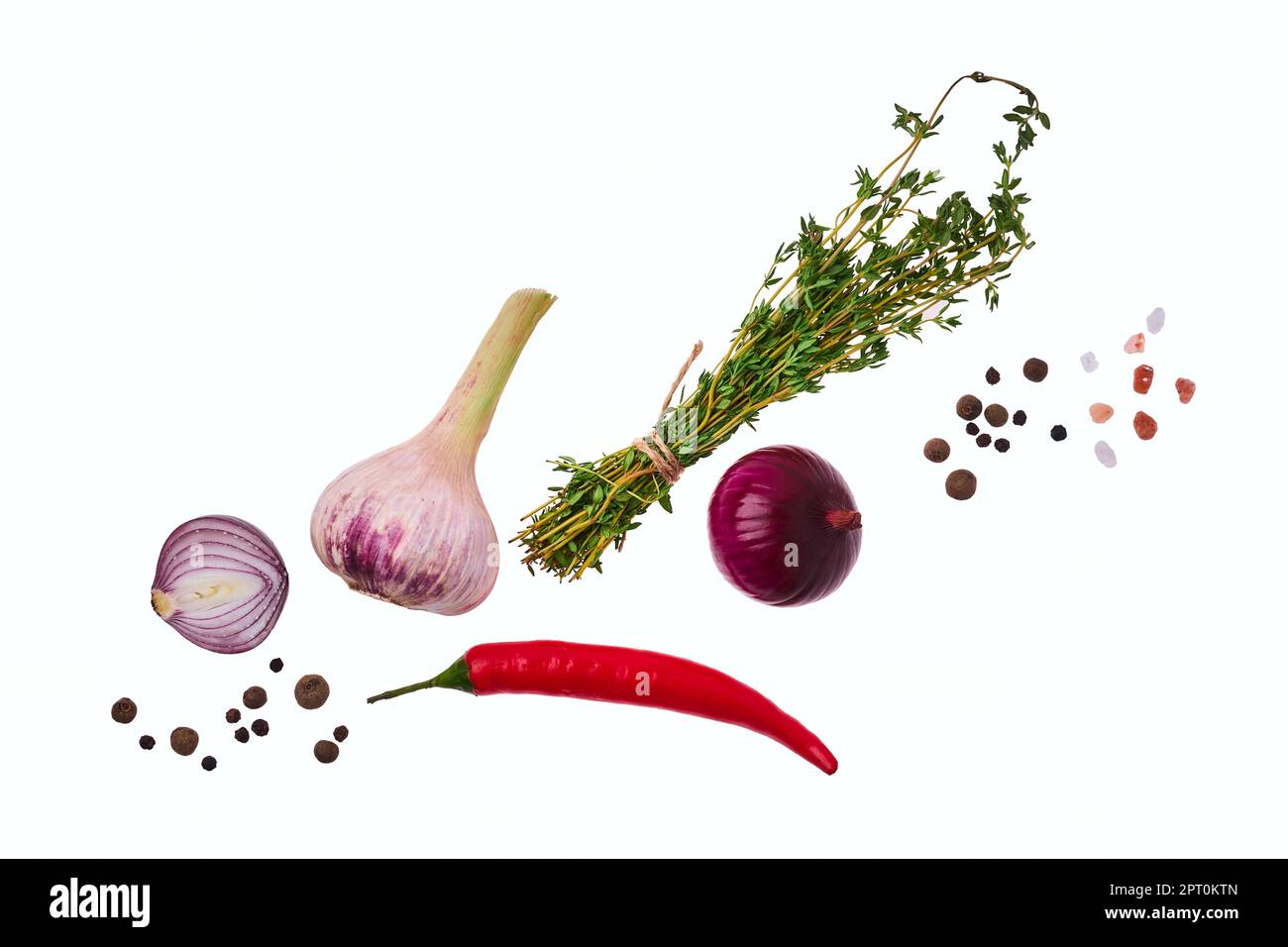 Top view of variety of spice isolated on white background. Garlic ...