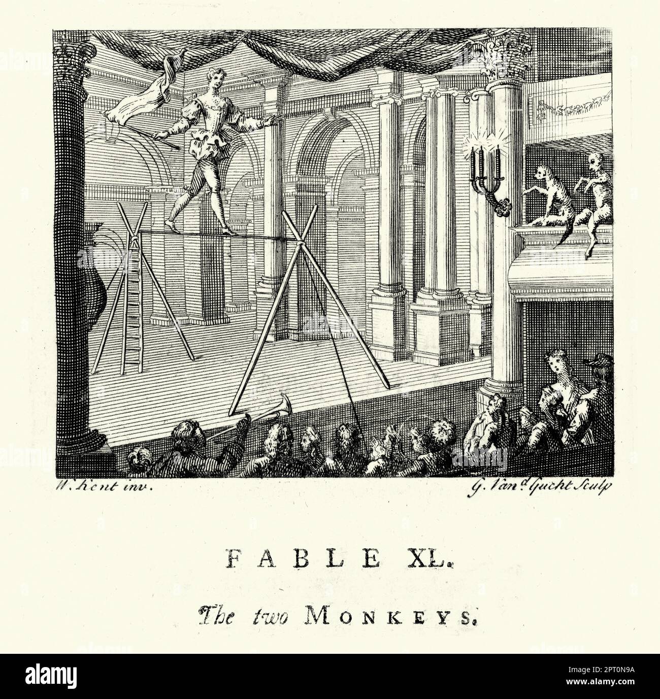 Vintage illustration Fable of the Two Monkeys, acrobat tightrope ...