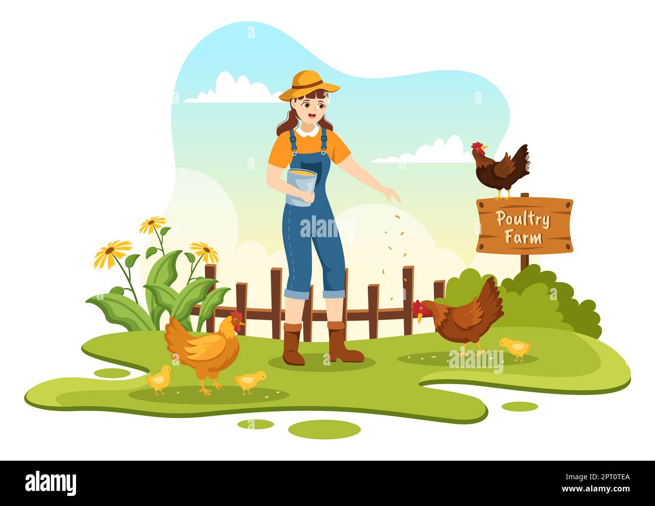 Poultry Farming with Farmer, Cage, Chicken and Egg Farm on Green Field ...