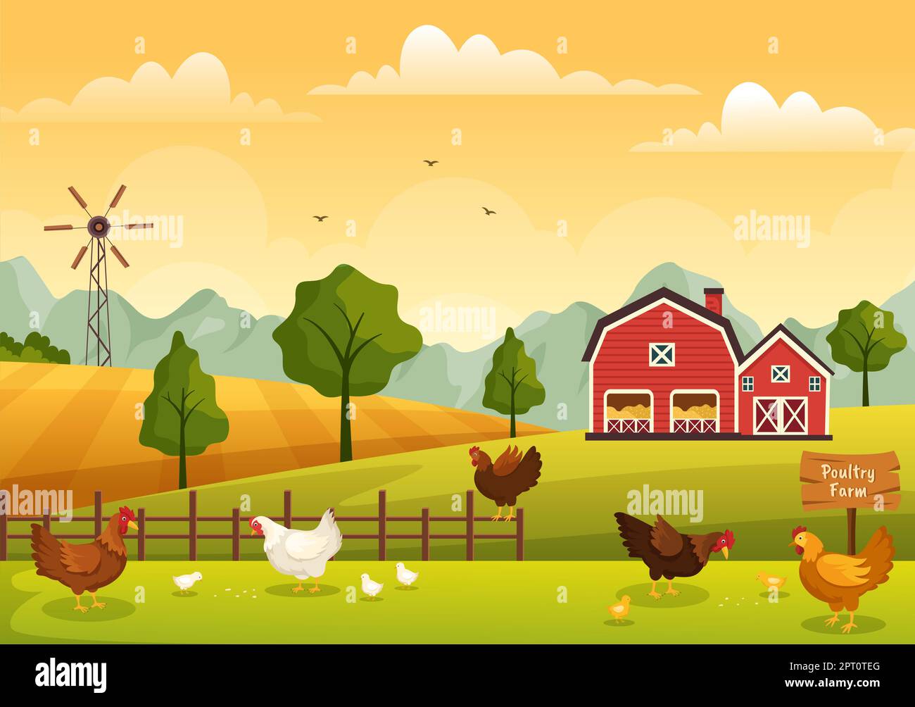 Poultry Farming with Farmer, Cage, Chicken and Egg Farm on Green Field ...