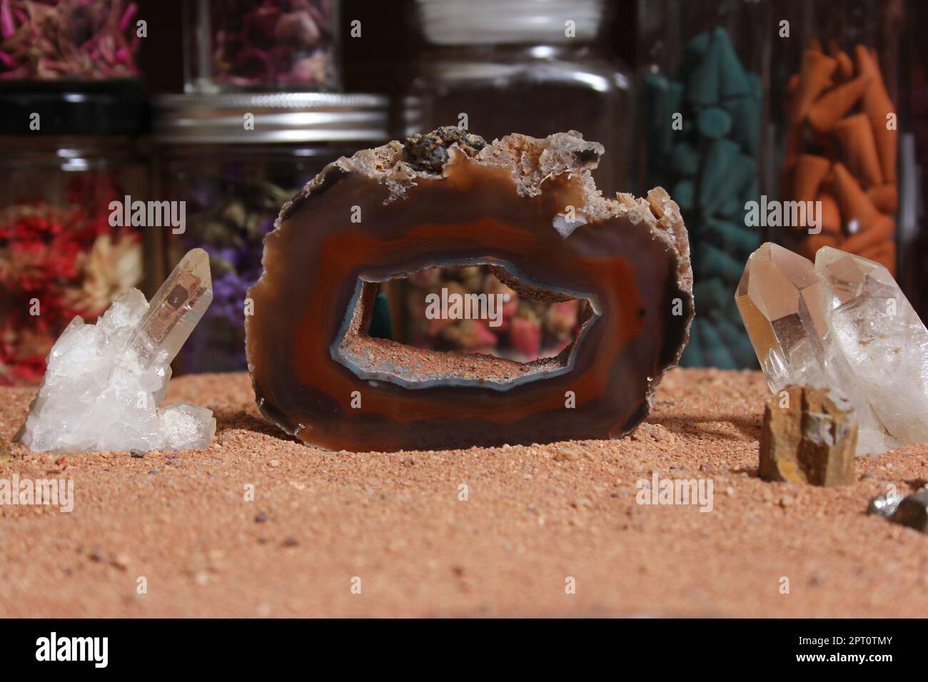 Agatized Coral With Quartz Crystal Points on Meditation Altar Stock ...