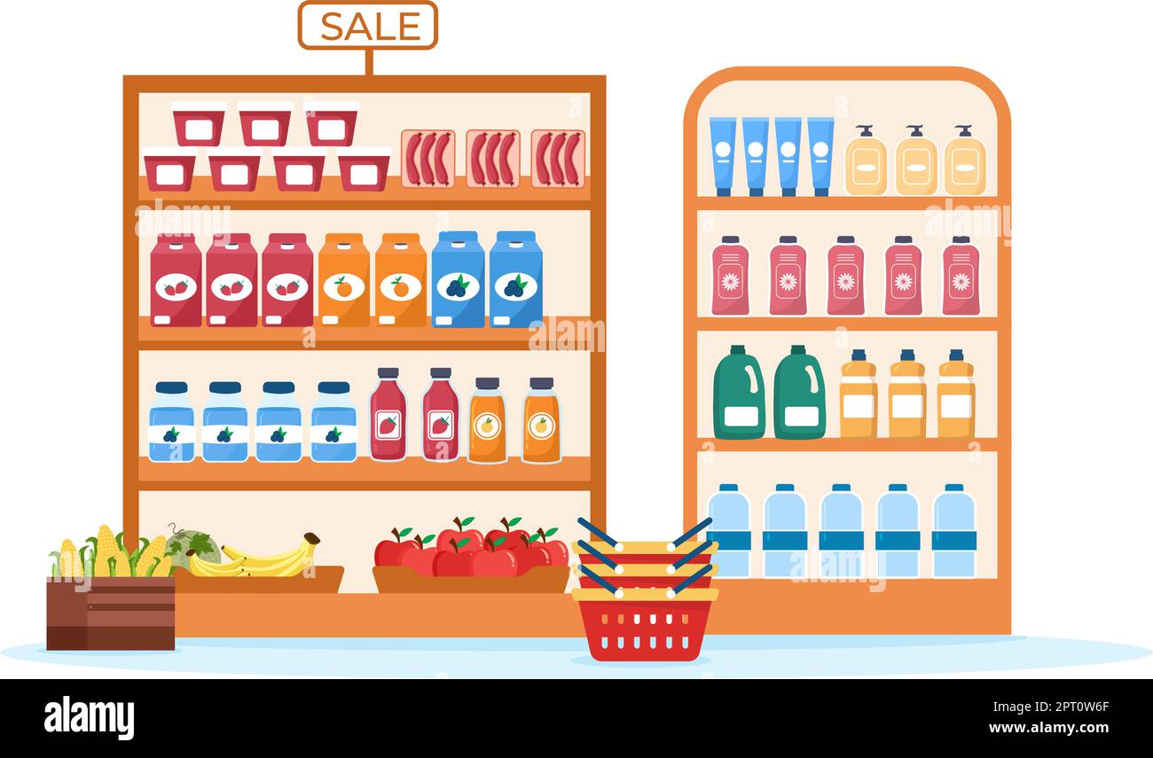 Grocery Store or Supermarket with Food Product Shelves, Racks Dairy ...