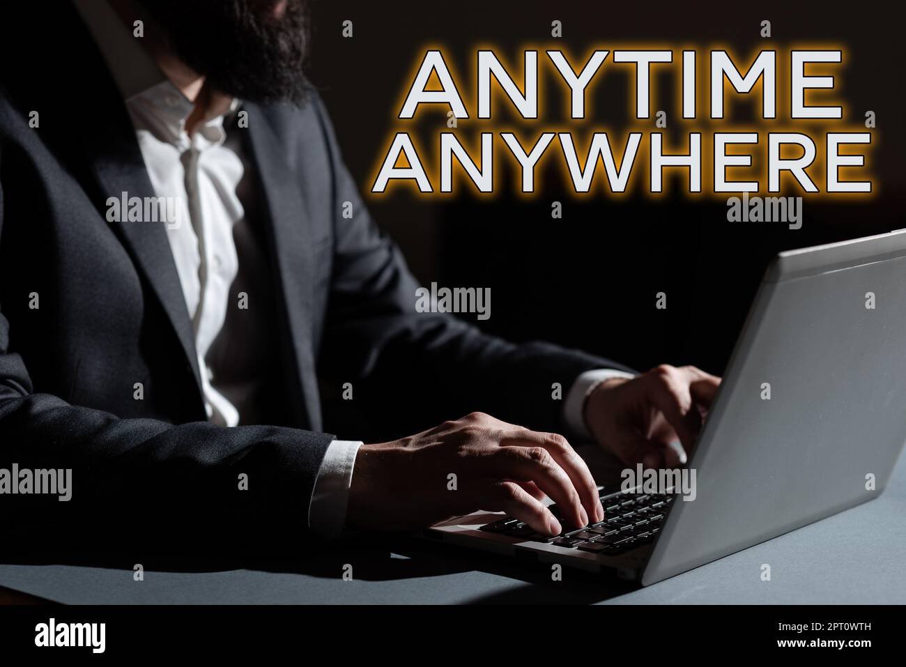 Hand writing sign Anytime Anywhere, Business approach obtainable goal ...