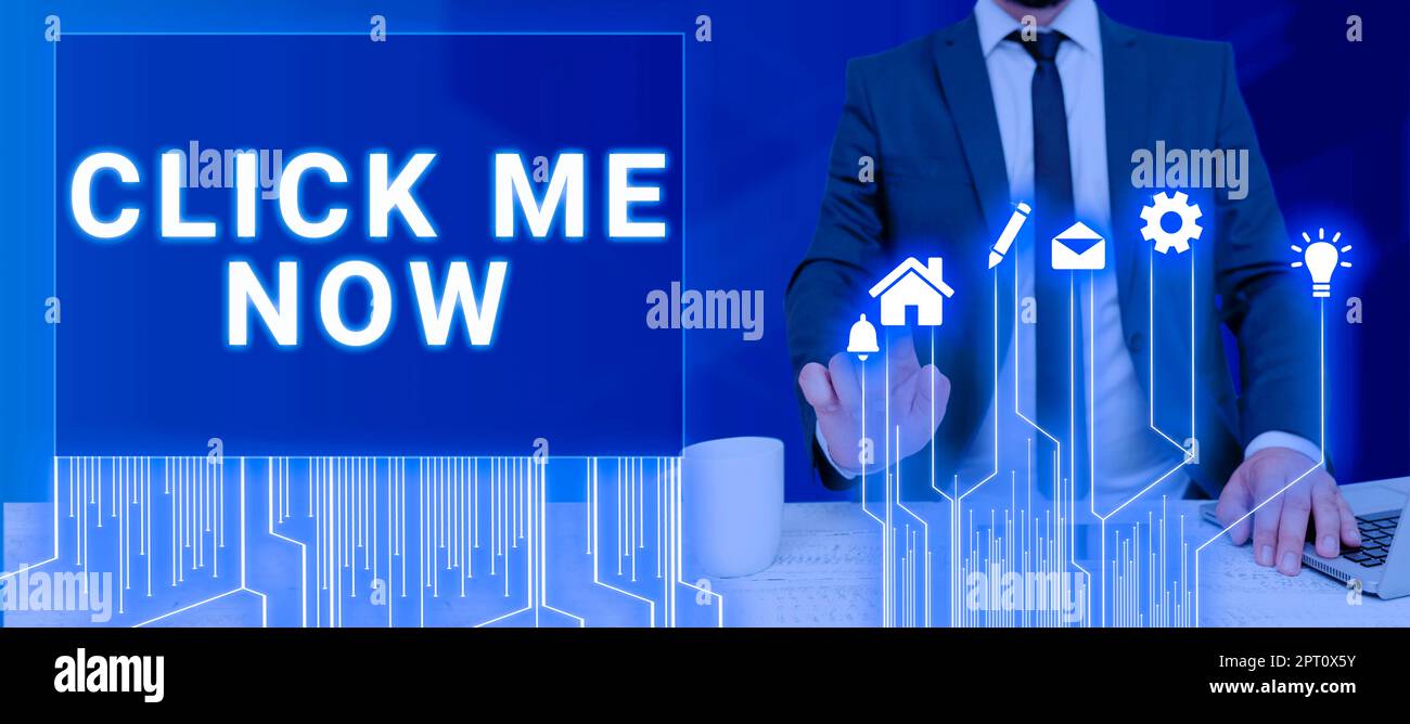 Hand writing sign Click Me Now, Business concept Internet helping desk ...