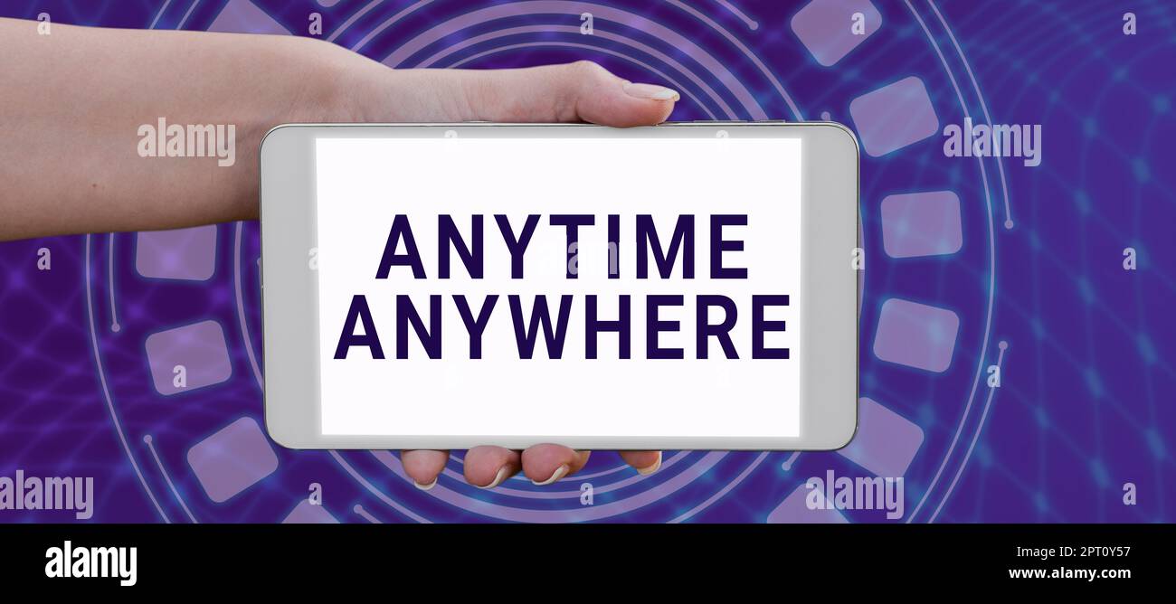 Hand writing sign Anytime Anywhere, Business idea obtainable goal when ...