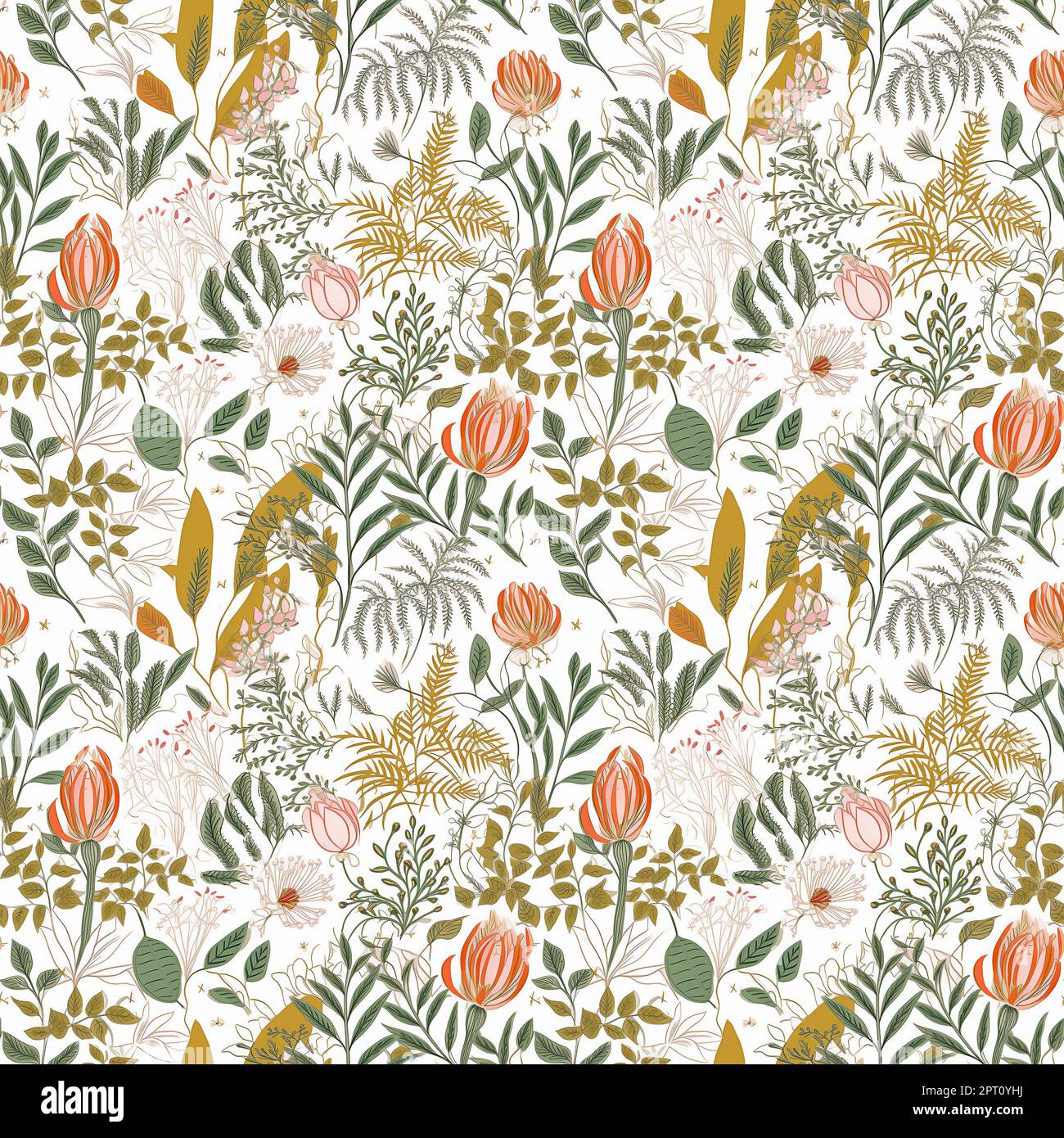 Watercolor botanical seamless pattern with wildflowers and butterflies ...