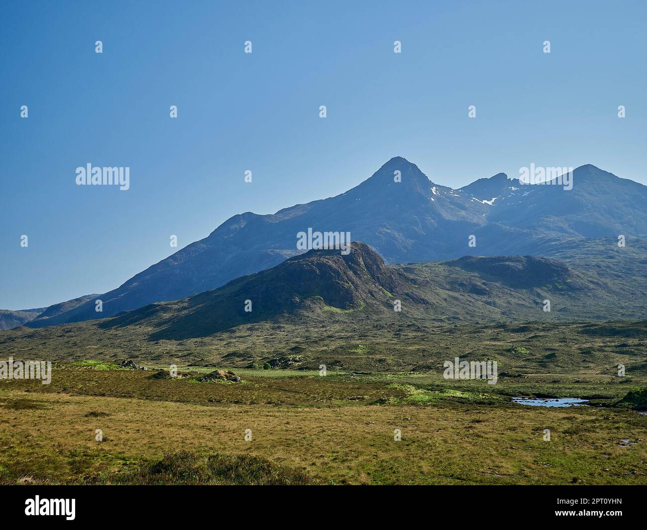 View over the black Cuillin mountains in the landscape on the Isle of ...