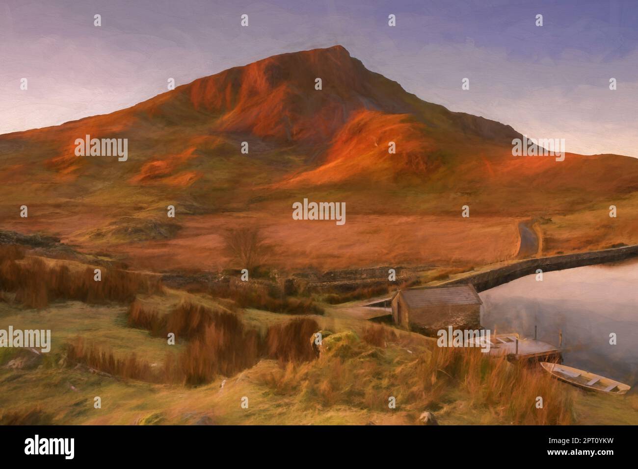 Digital painting of Llyn y Dywarchen, Snowdon, and Y Garn during winter ...