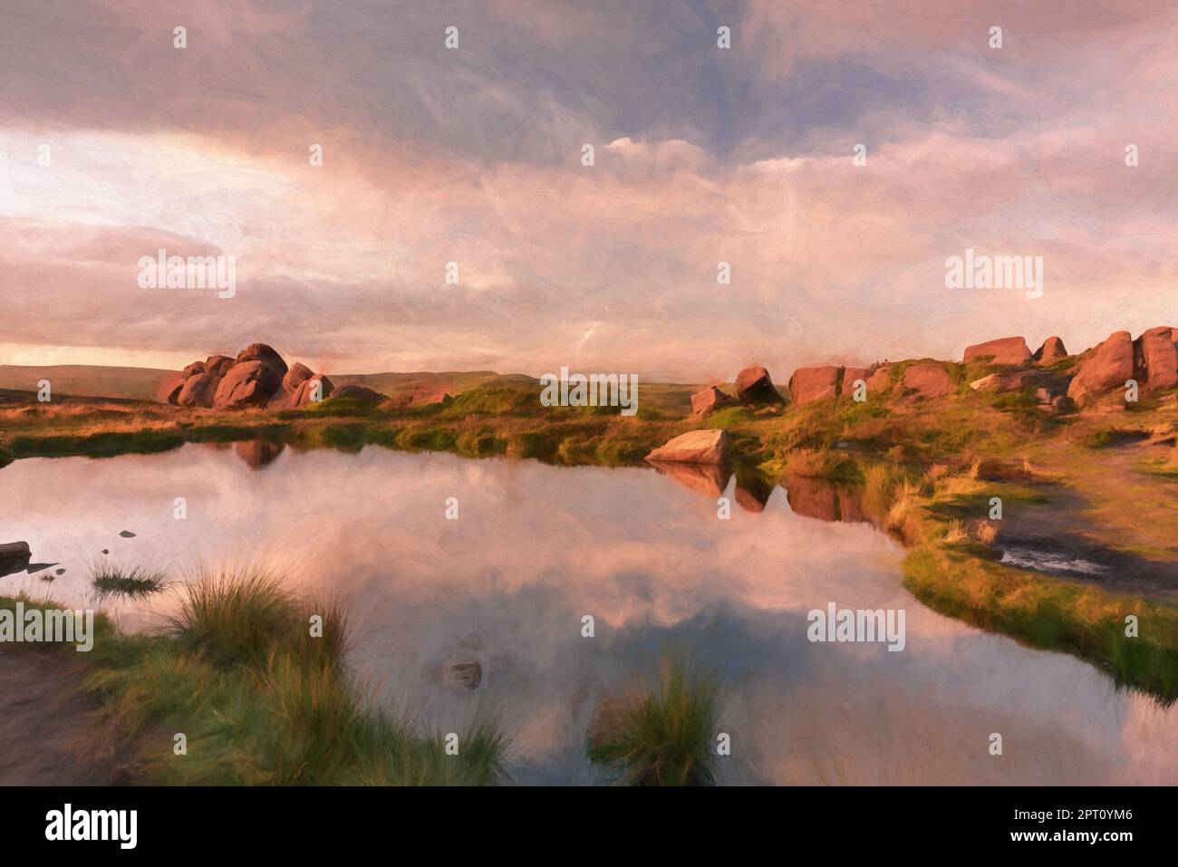 Digital painting of sunset reflections on Doxey Pool at The Roaches, in ...
