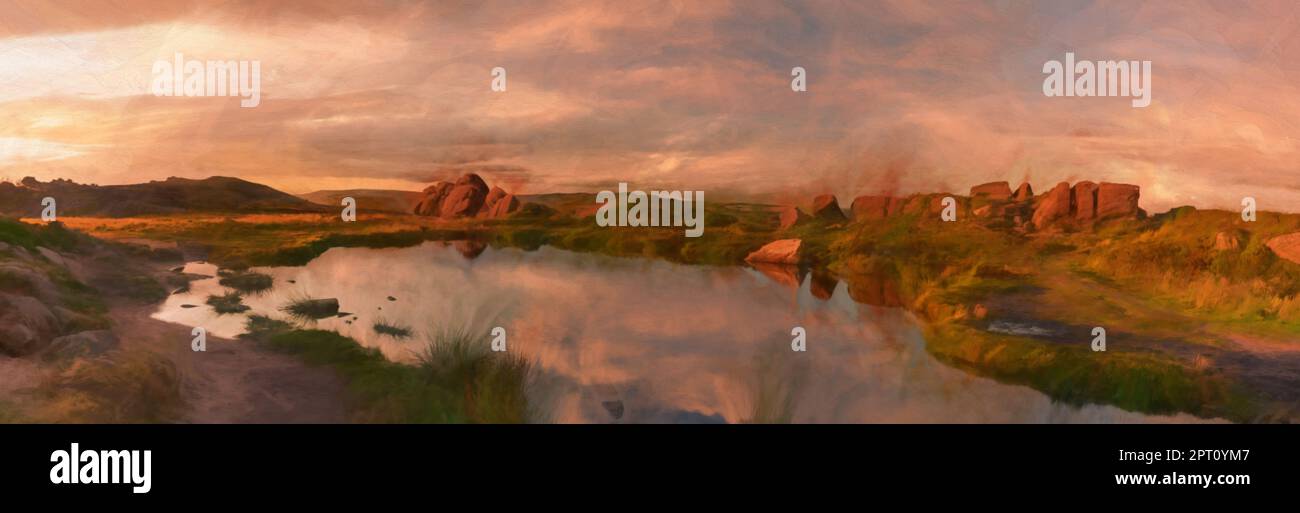 Digital painting of sunset reflections on Doxey Pool at The Roaches, in ...