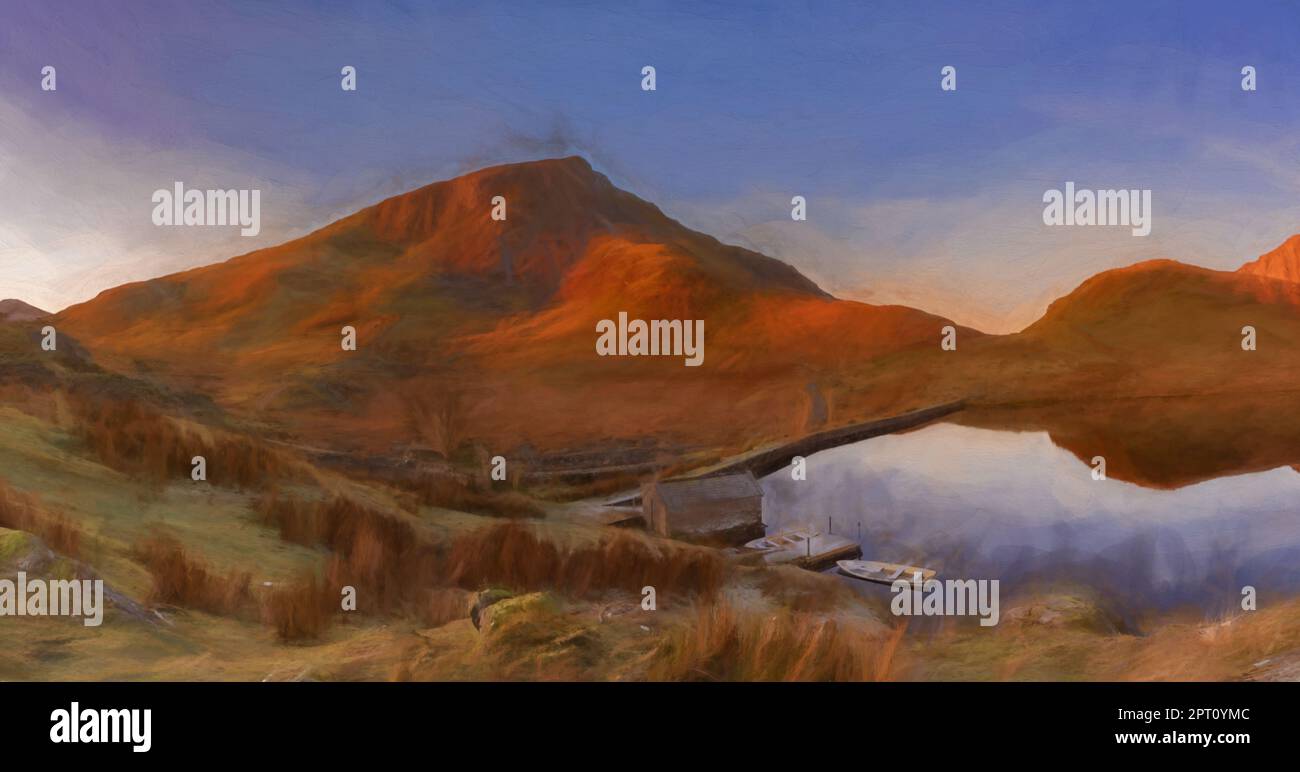 Digital painting of Llyn y Dywarchen, Snowdon, and Y Garn during winter ...