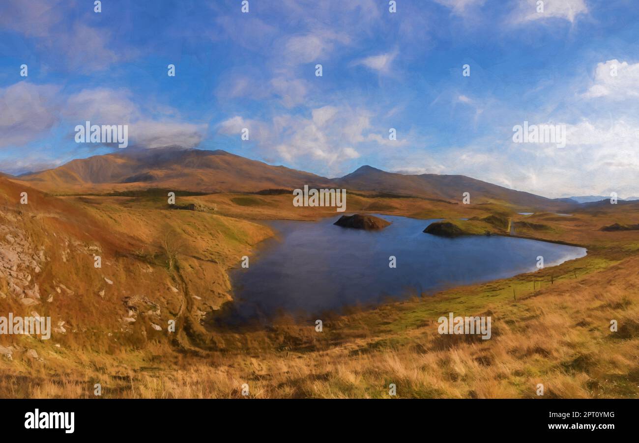Digital painting of Llyn y Dywarchen, Snowdon, and Y Garn during winter ...