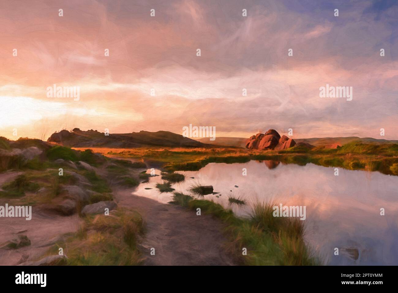 Digital painting of sunset reflections on Doxey Pool at The Roaches, in ...
