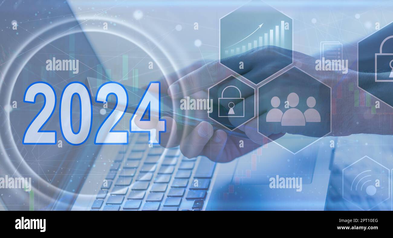 2024 calender year button on digital virtual screen blur background ...