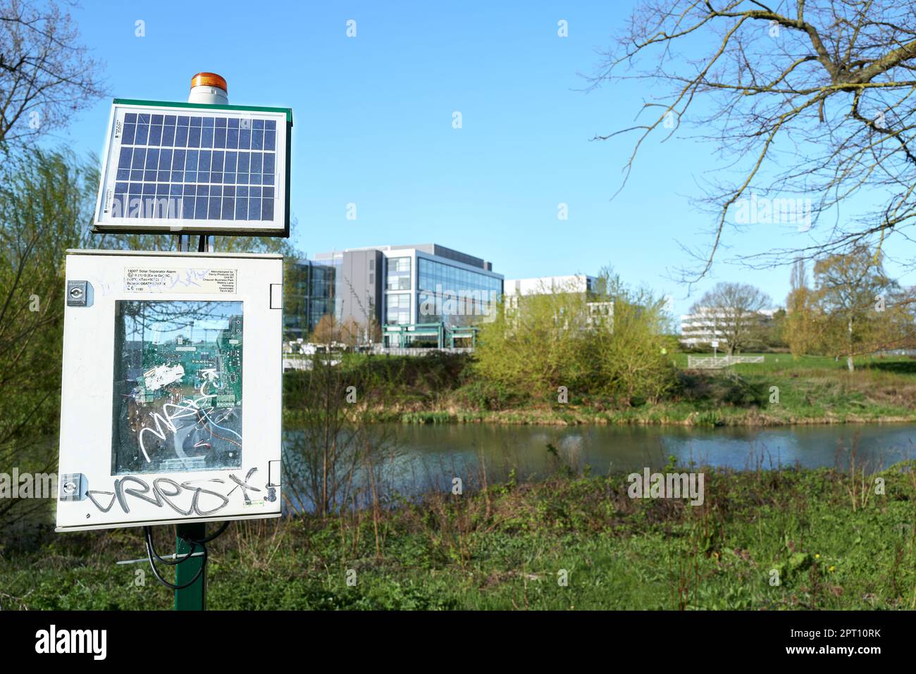 Solar powered separator alarm by the river Nene at Becket Park ...