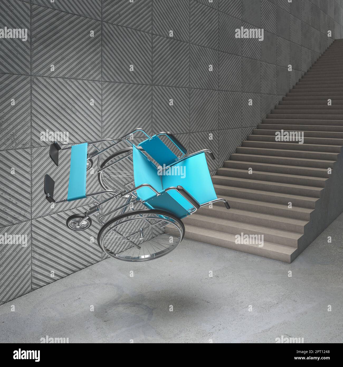 wheelchair for the disabled falls badly from a concrete staircase. 3d ...