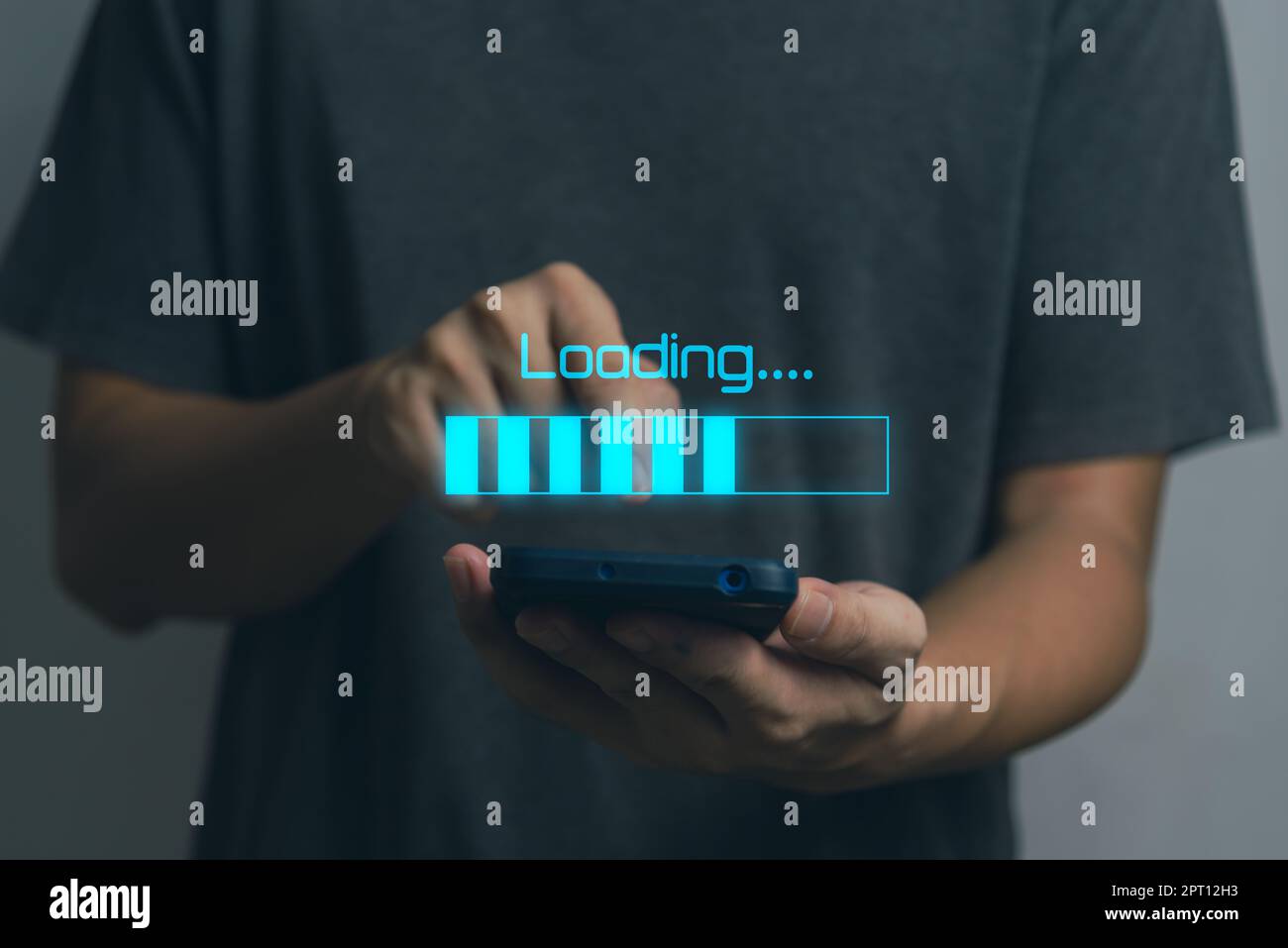 Man holding smart phone virtual screen loading digital internet online ...