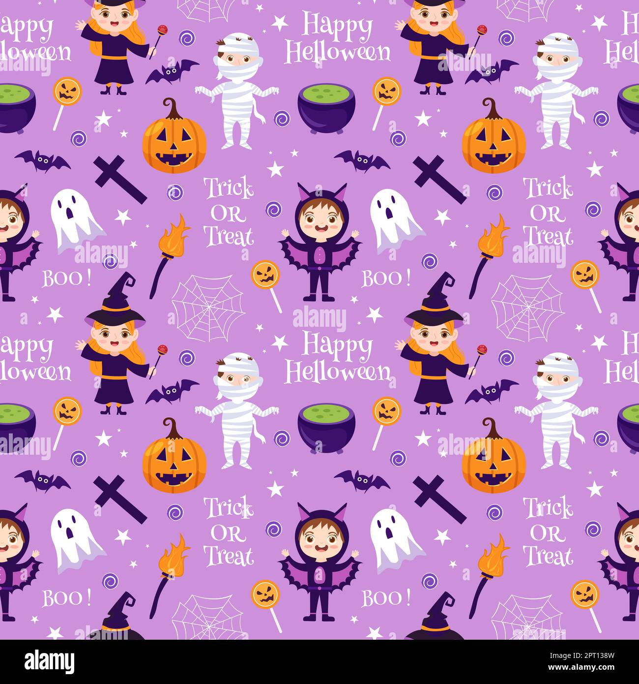 Halloween Seamless Pattern Design With Witch, Haunted House, Pumpkins ...