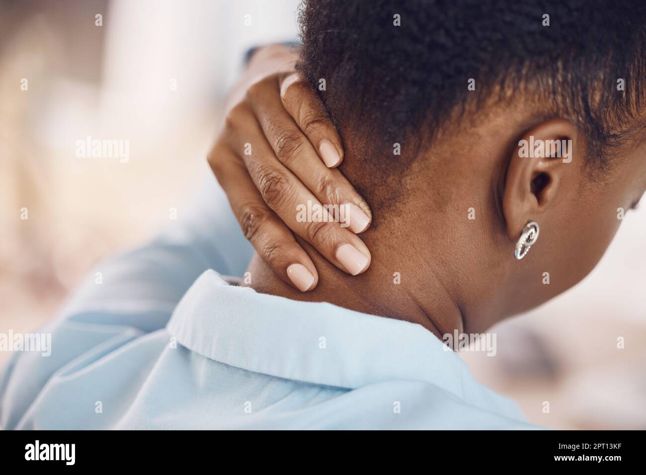 Back pain and black woman hand on neck or with muscle, bone or medical ...
