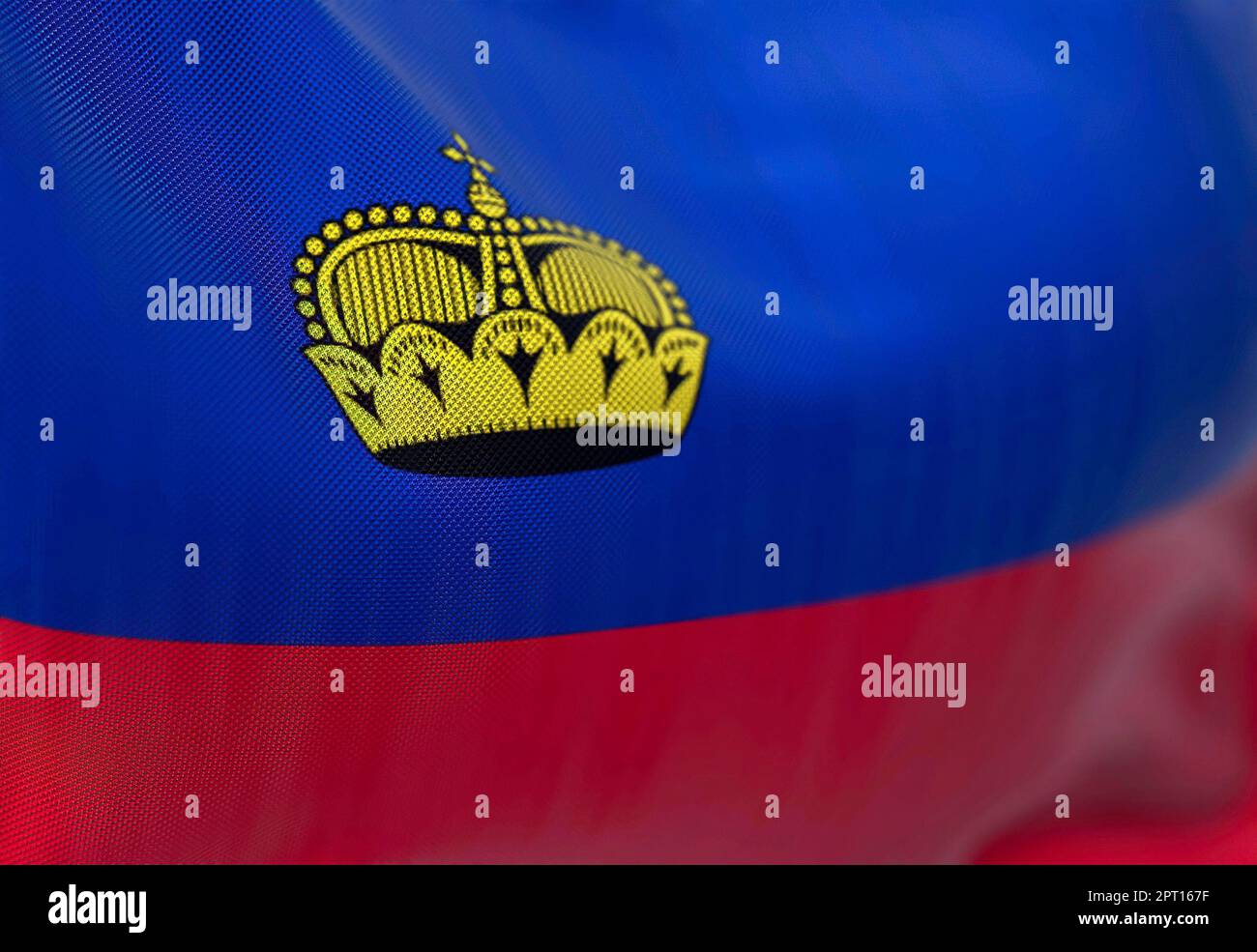 Close-up view of the Liechtenstein national flag waving. The ...