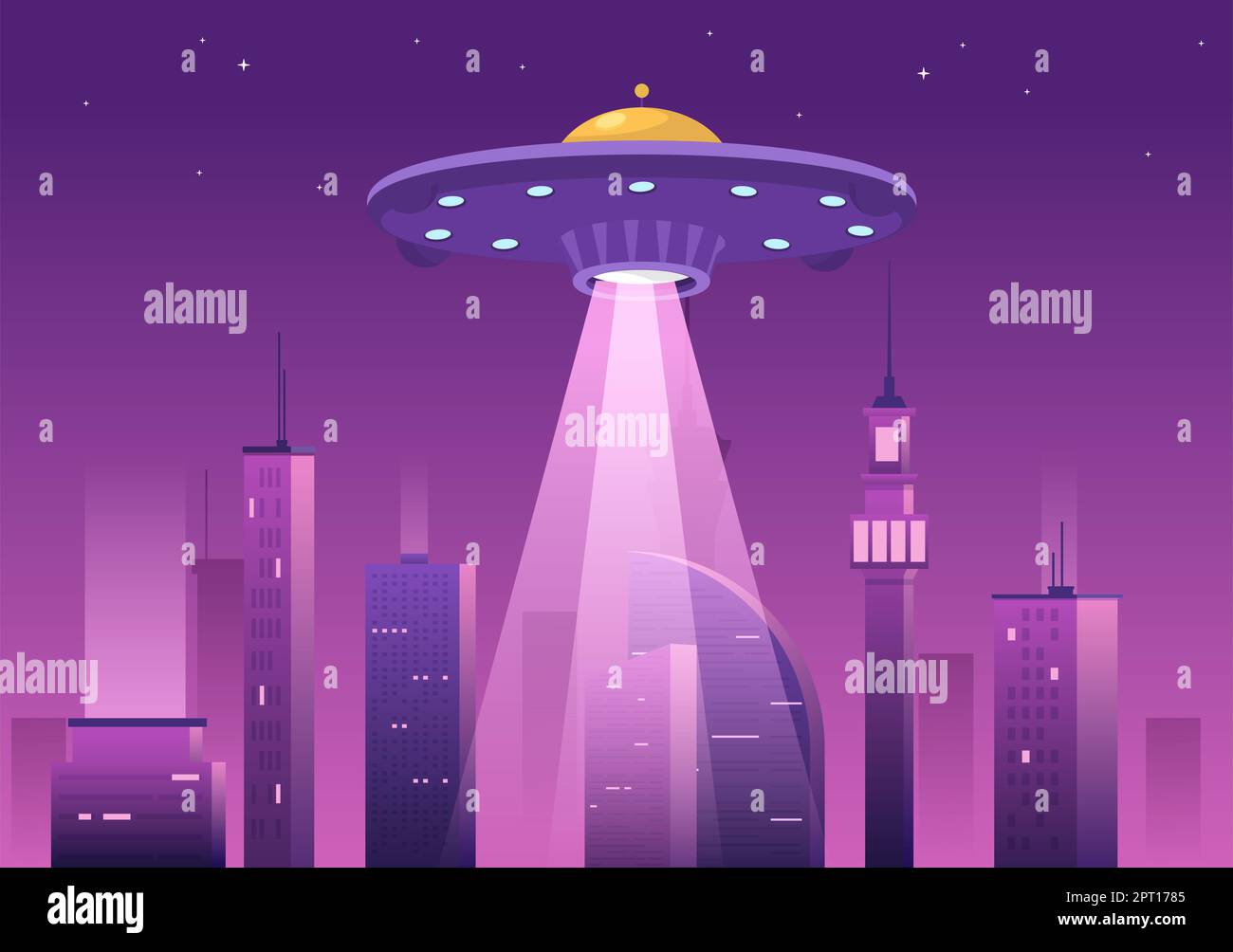 UFO Flying Spaceship with Rays of Light in Sky Night City View and ...