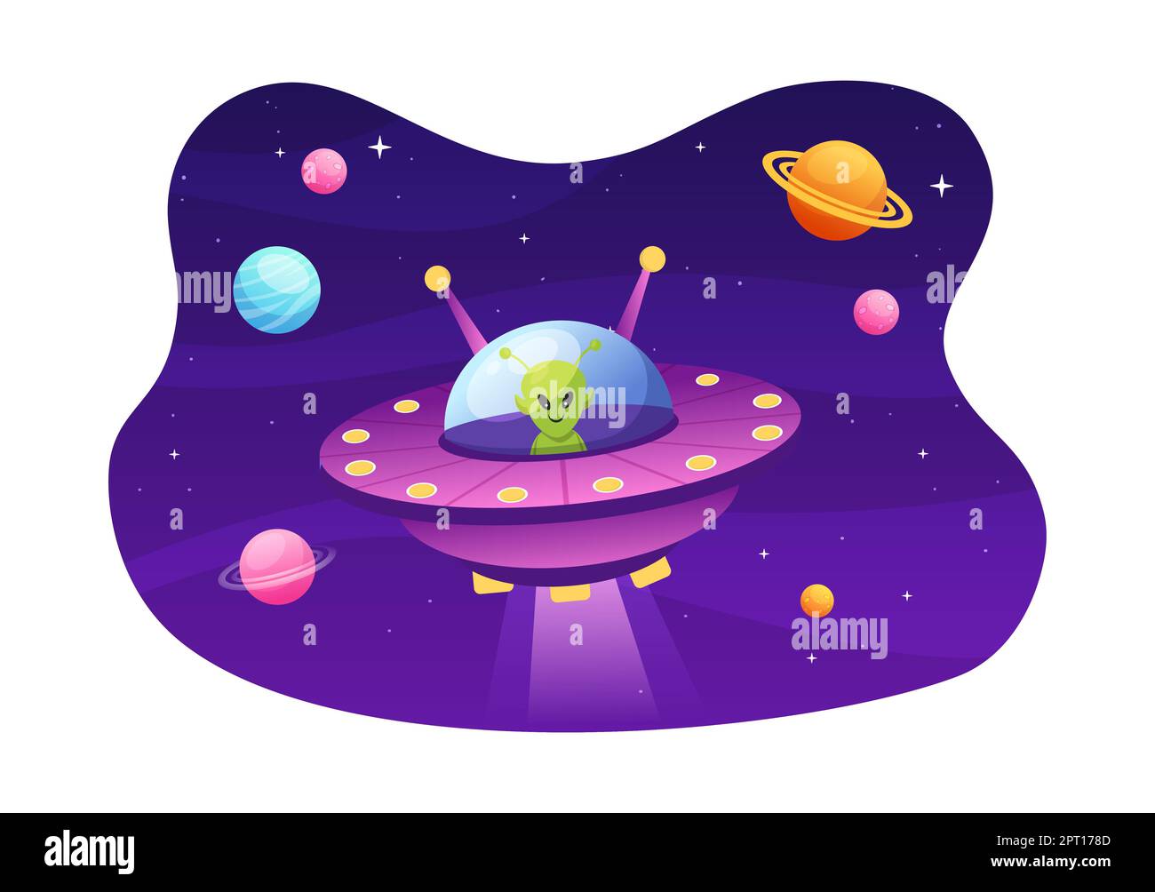 UFO Flying Spaceship with Rays of Light in Sky Night City View and ...