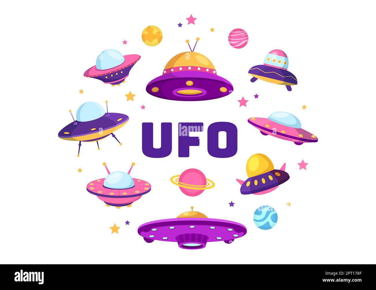 UFO Flying Spaceship with Rays of Light in Sky Night City View and ...