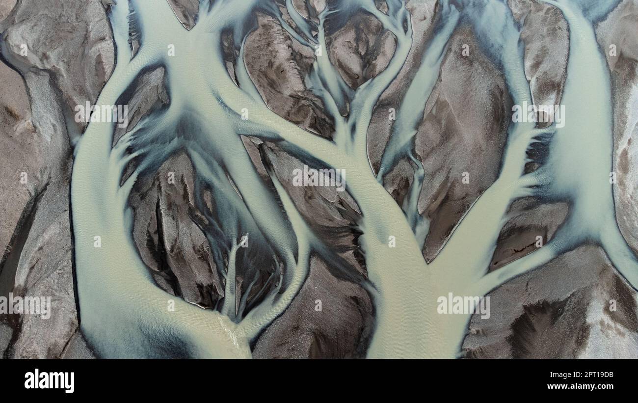 Aerial view of glacial rivers in the highlands of iceland hi-res stock ...