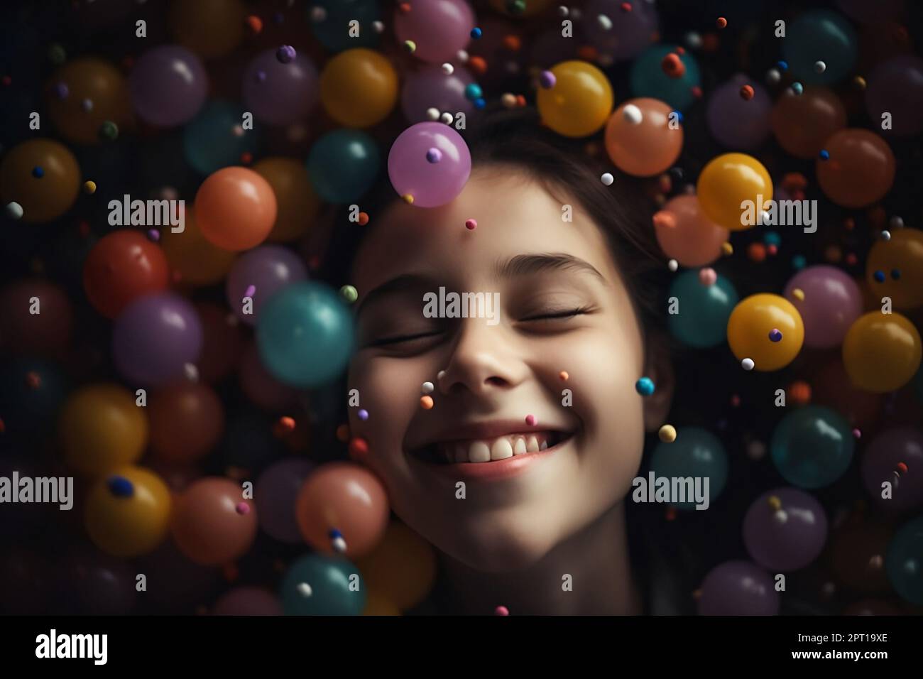 a happy and smiling girl covered by colored bubbles, a moment of ...