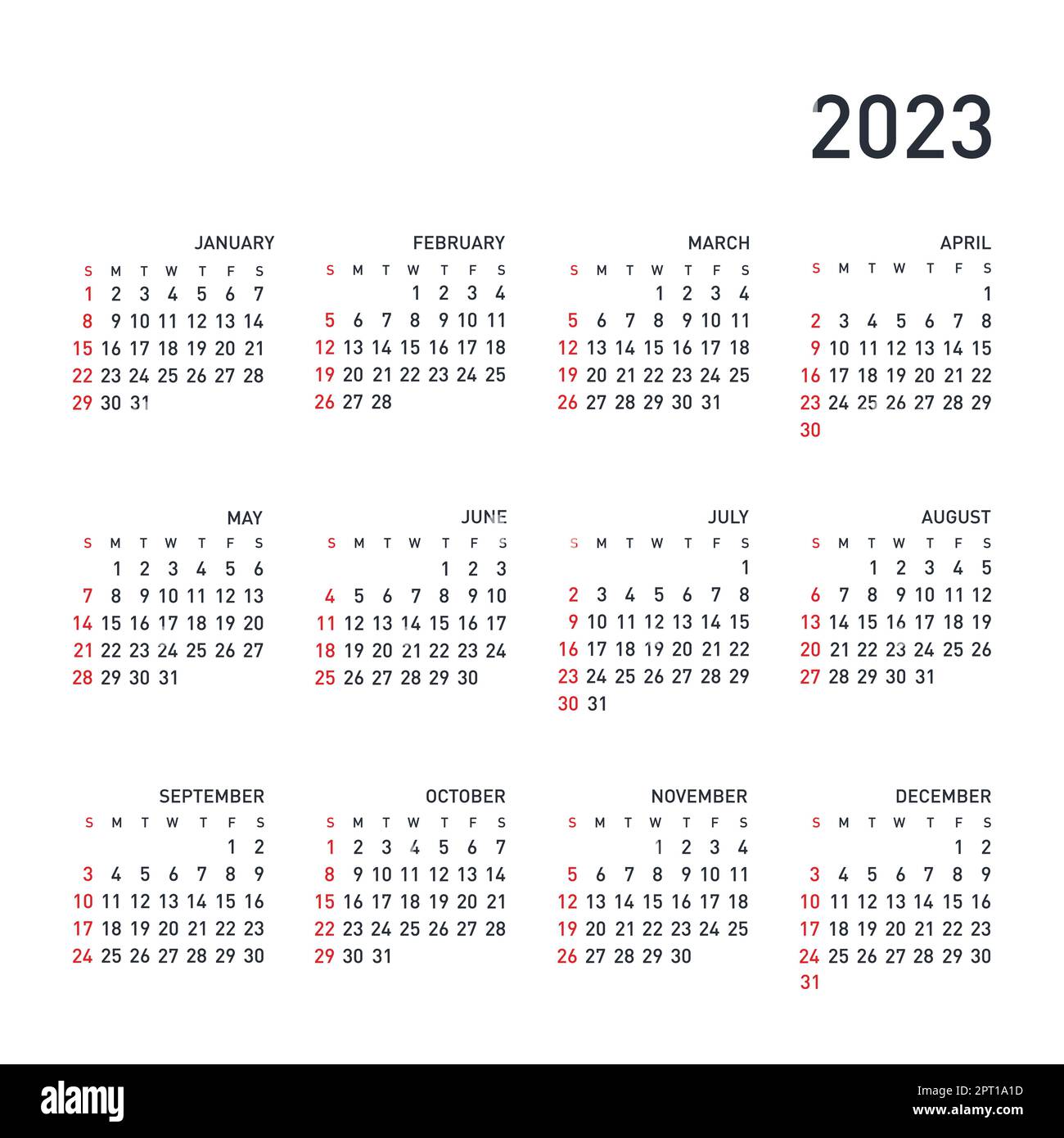 Vector calendar 2023 year. Week starts from Sunday Stock Vector Image ...
