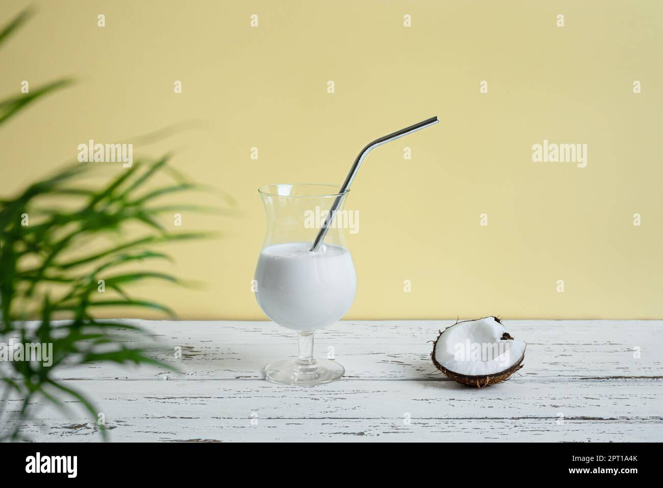 A glass of coconut milkshake with reusable metal cocktail tube and a ...