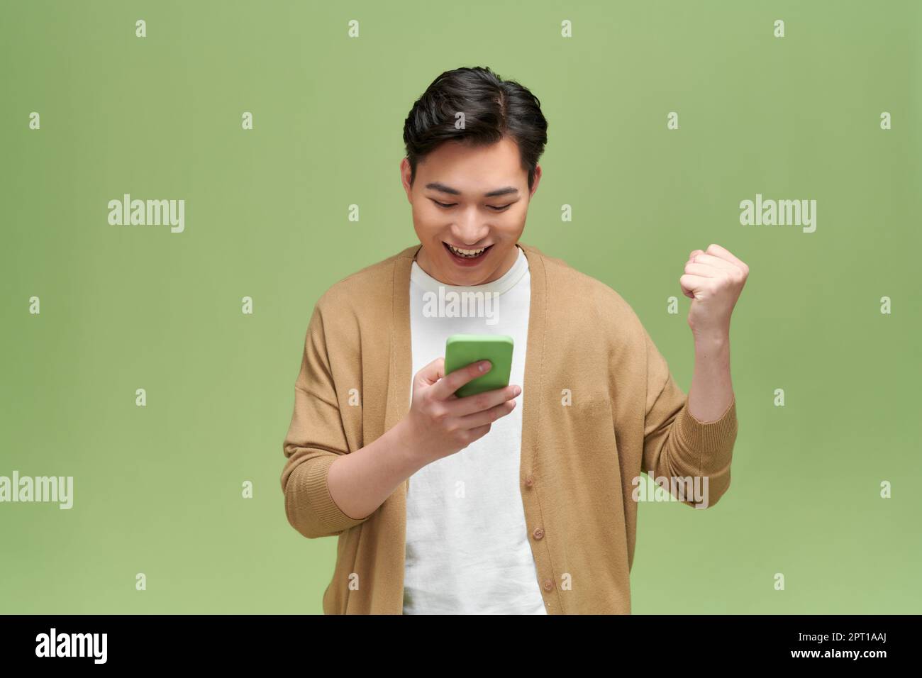 Portrait of Asian man raising his fist, celebrating winning game on his ...
