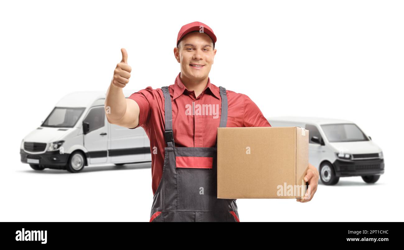 Mover with a van holding a package and showing a thumb up sign isolated ...