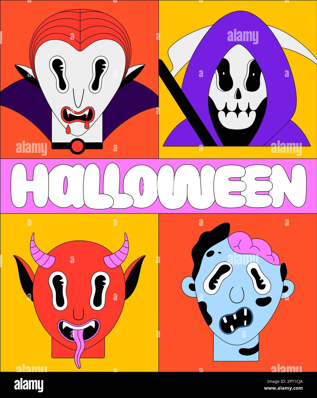 Halloween holiday. Colorful spooky fantasy characters in frames ...