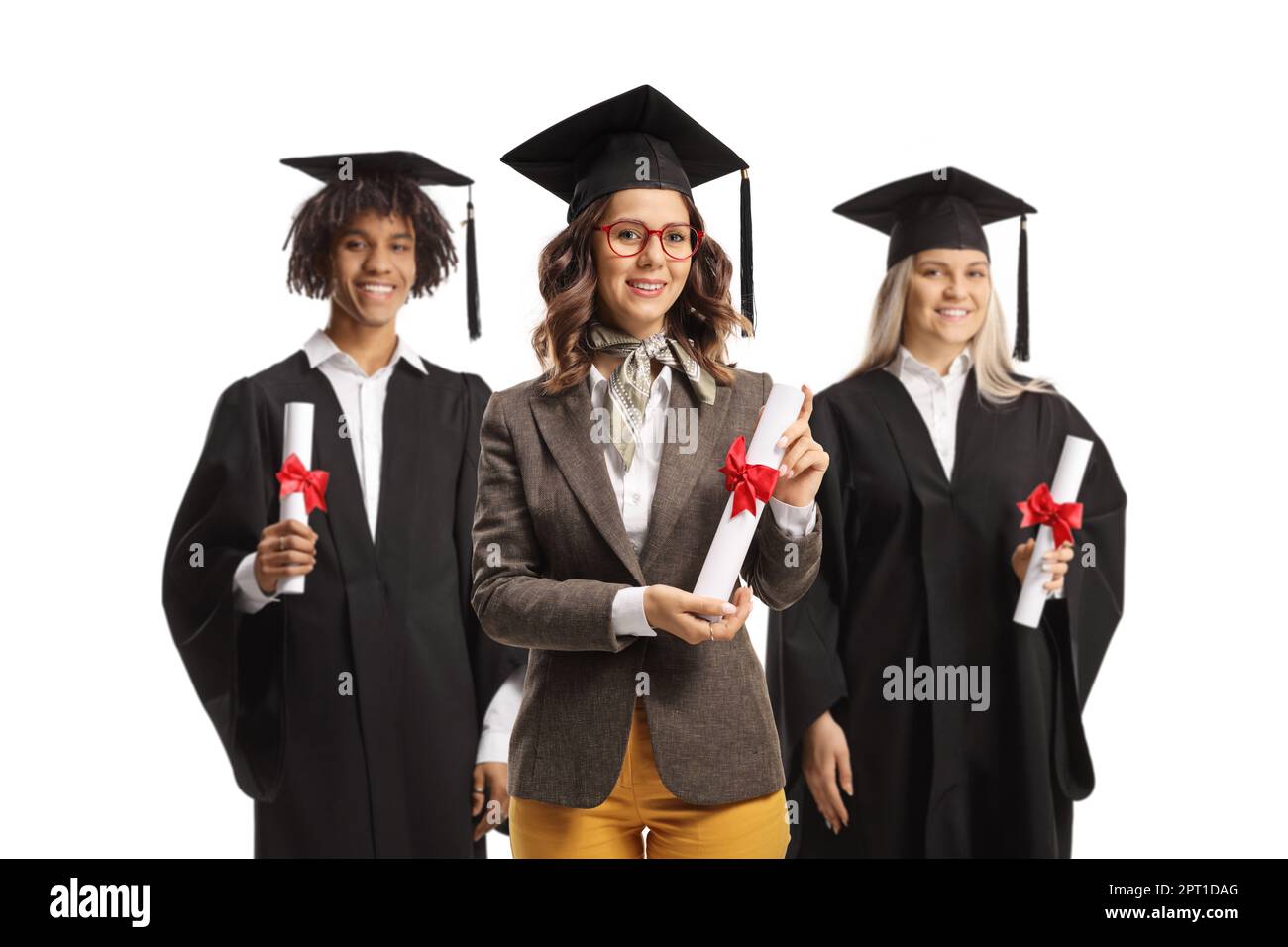 Young people with graduation diplomas isolated on white background ...