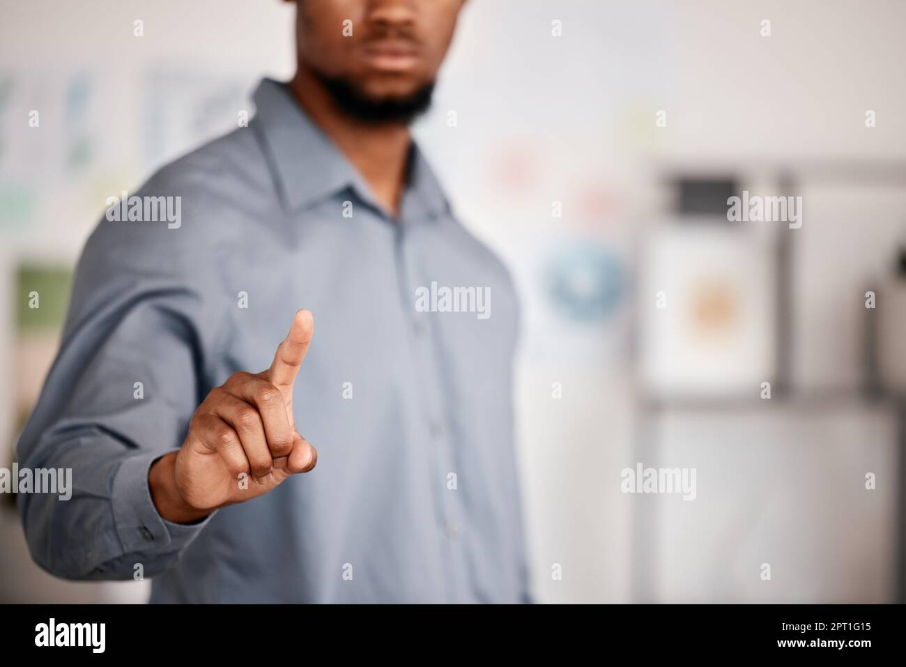 Businessman, finger and interactive touch in office for modern ...