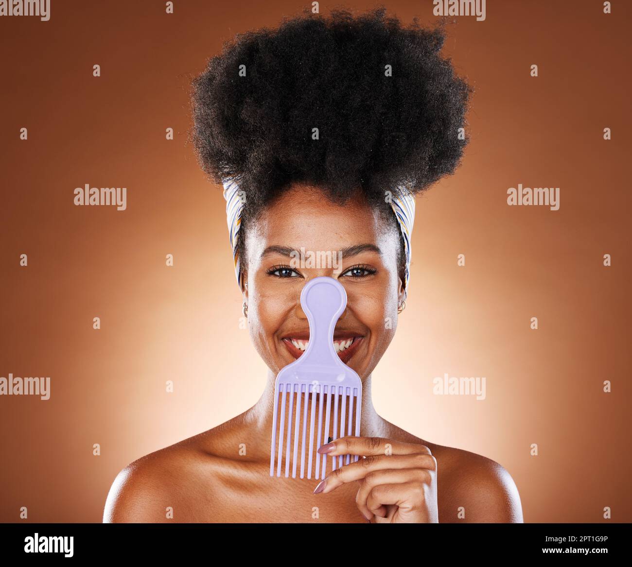 Comb, black woman and hair care with smile, afro and natural beauty for ...